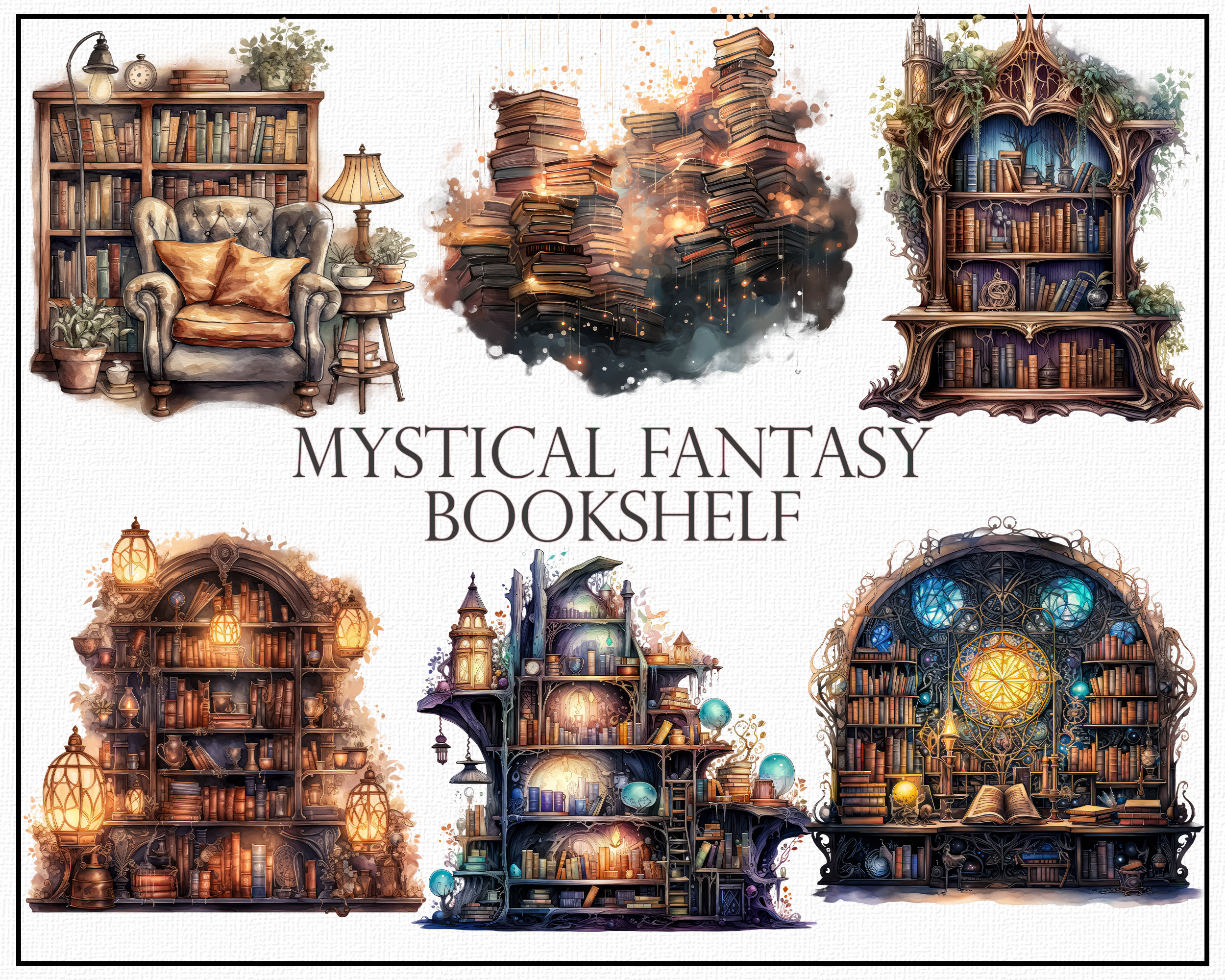 Mystical Fantasy Bookshelf Clipart 73 Digital Library Graphics, Magical ...