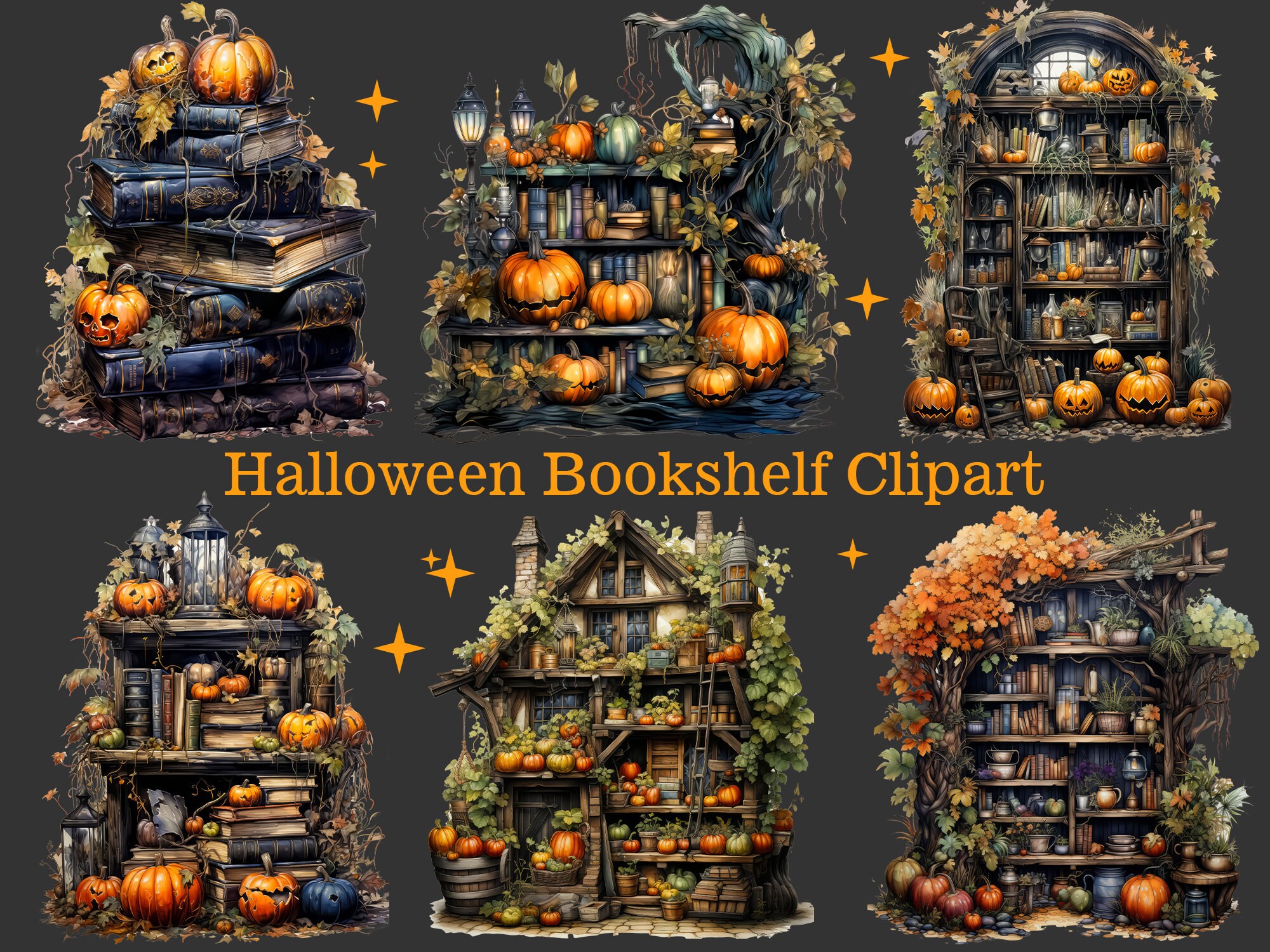 Halloween Bookshelf Clipart Bundle, 22 PNG, Halloween Clipart ...