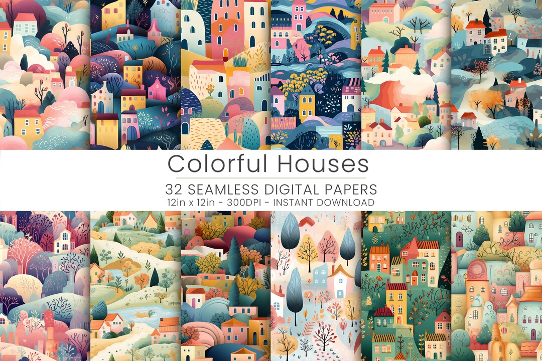 32 Colorful Houses Pattern Seamless Digital Paper - High Resolution for ...
