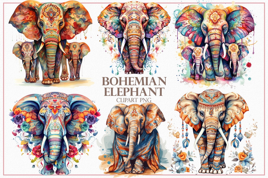Bohemian Elephant Clipart, 28 Colorful Elephant Pngs, Floral Elephant ...