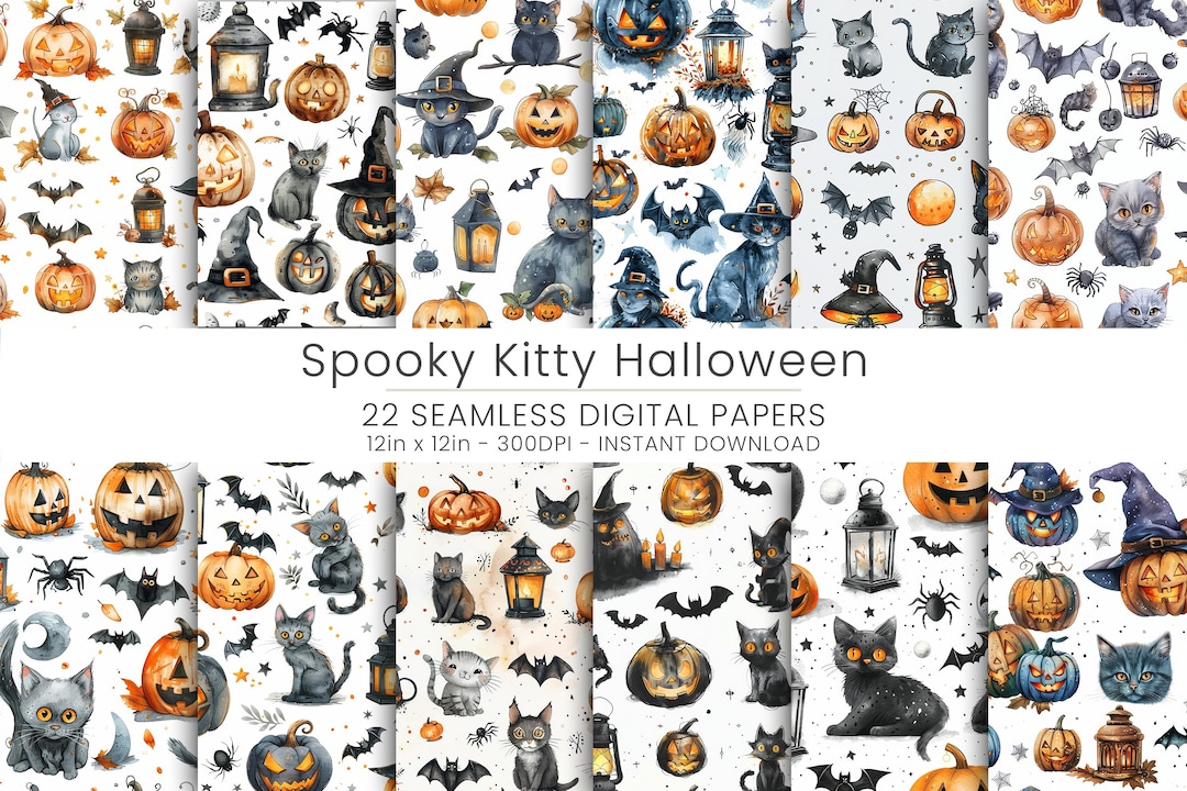 22 Spooky Kitty Halloween Seamless Digital Paper | Cute Cat Pattern ...