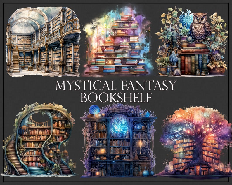 Mystical Fantasy Bookshelf Clipart 73 Digital Library Graphics, Magical ...
