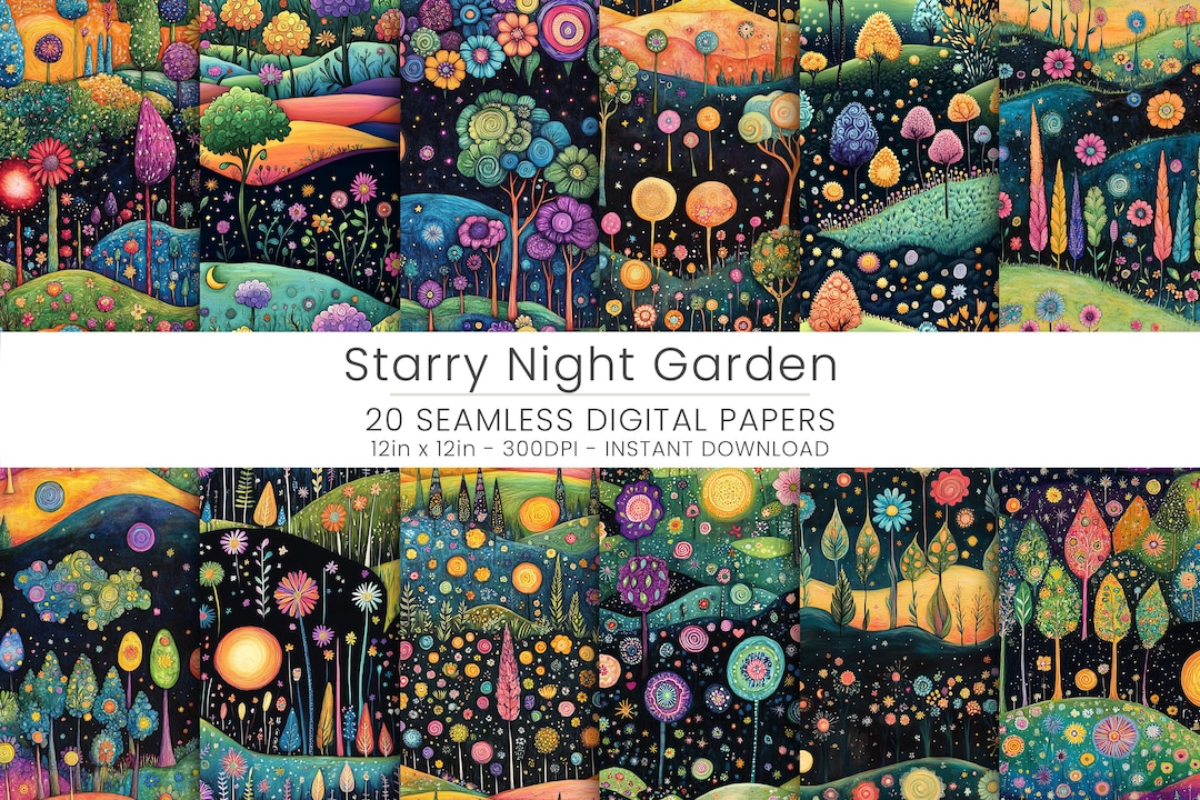 Starry Night Garden Seamless Patterns | Whimsical Floral Digital Paper ...