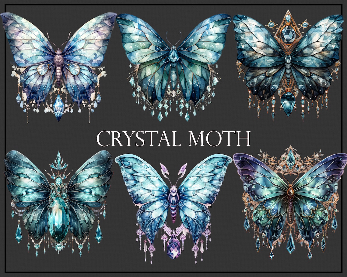 Crystal Moth Clipart Set, Mystical Moth Graphics, Glittery Insect ...