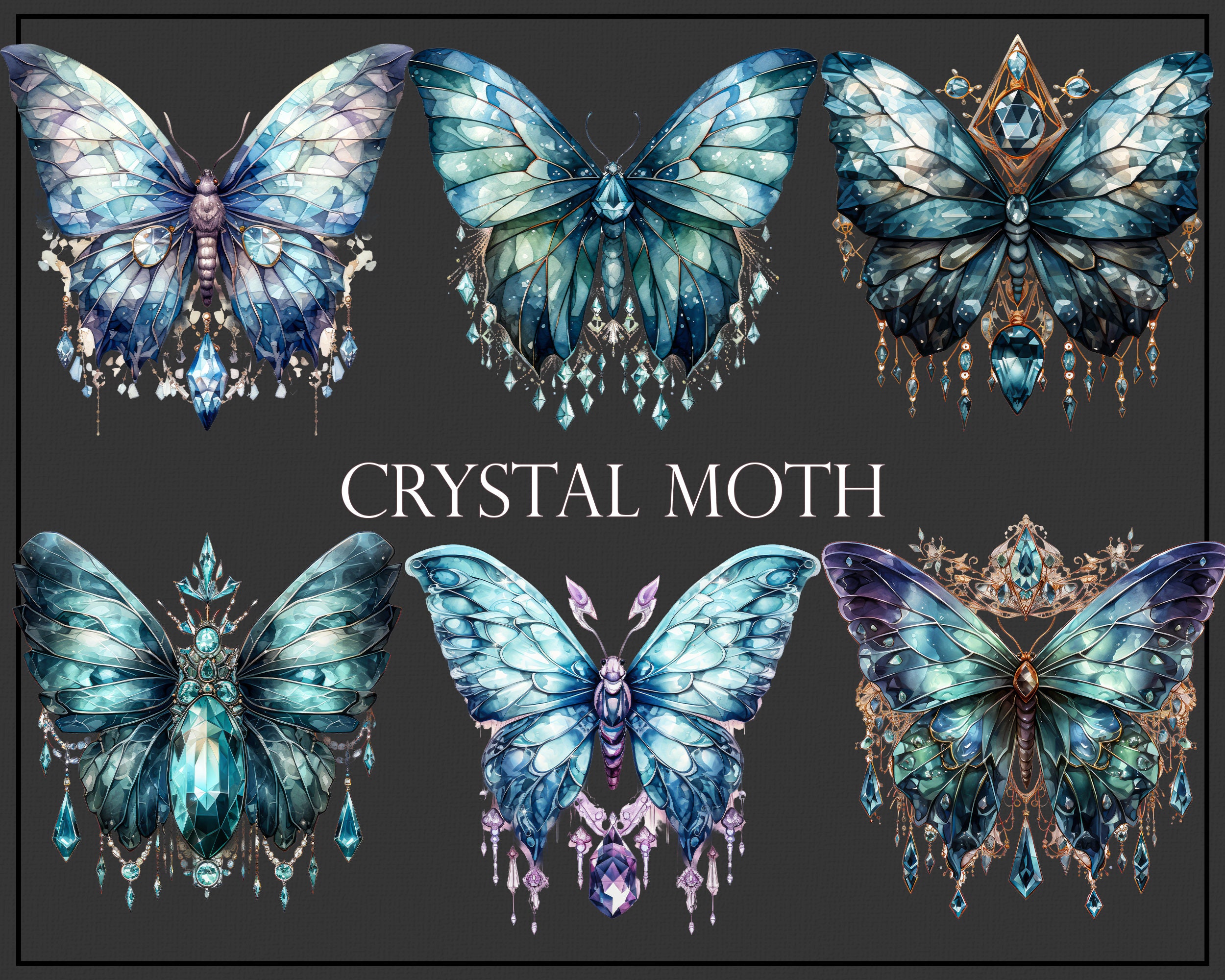 Crystal Moth Clipart Set, Mystical Moth Graphics, Glittery Insect ...