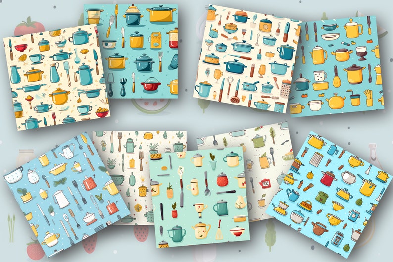 24 Seamless Kitchen Essentials Digital Paper, Cute Kitchenware Patterns ...
