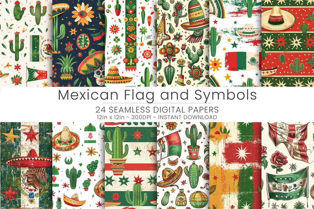 24 Mexican Flag and Symbols Digital Papers, Cinco De Mayo, Repeatable ...
