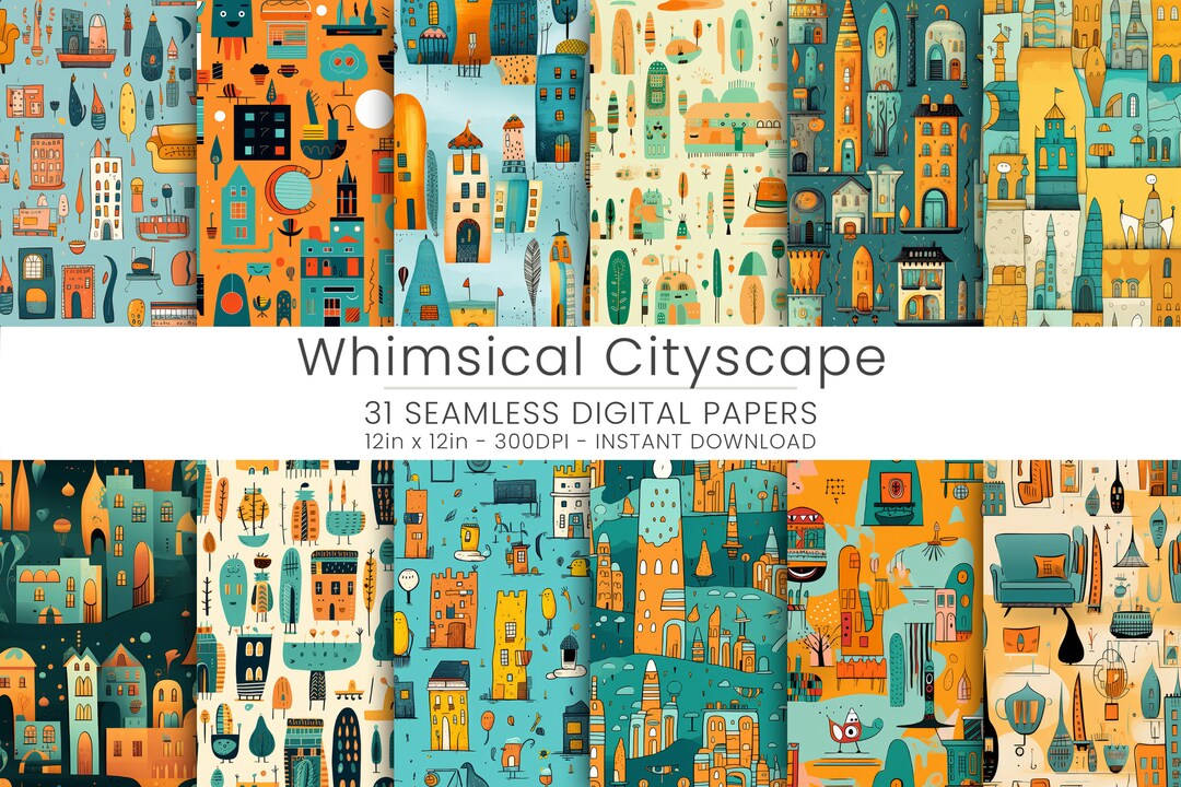 31 Whimsical Cityscape Seamless Pattern Digital Paper Modern Urban Art ...