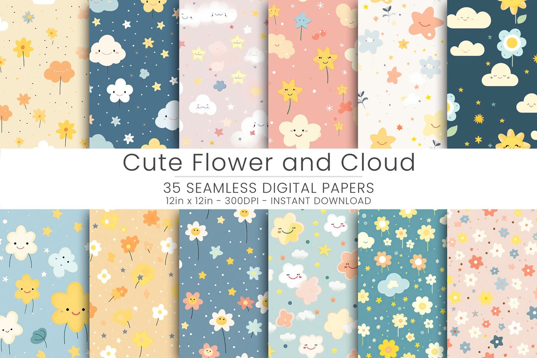 Colorful and Cute Flower and Cloud Characters - 35 Seamless Digital ...