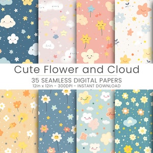 Colorful and Cute Flower and Cloud Characters - 35 Seamless Digital ...