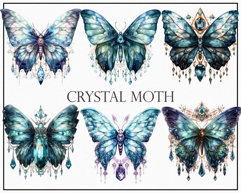 Crystal Moth Clipart Set, Mystical Moth Graphics, Glittery Insect ...