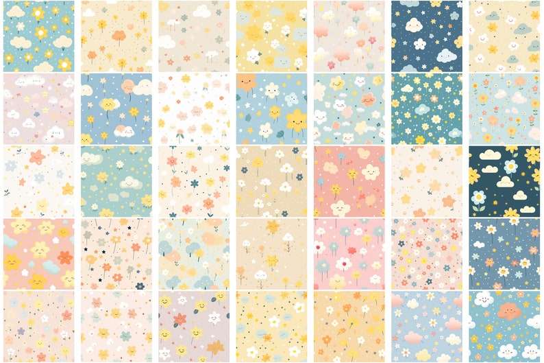 Colorful and Cute Flower and Cloud Characters - 35 Seamless Digital ...