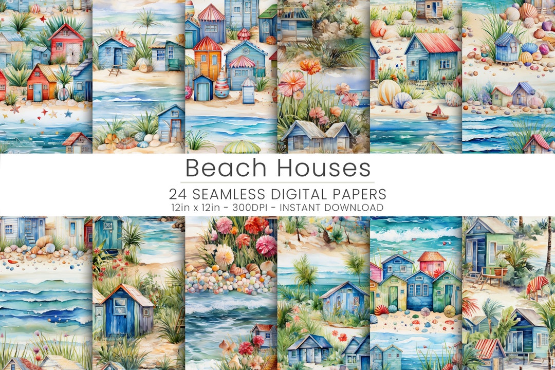 24 Beach Houses Digital Paper, Home Decor, Repeatable, Scrapbooking ...