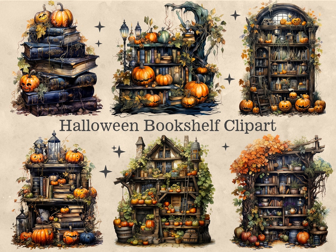 Halloween Bookshelf Clipart Bundle, 22 PNG, Halloween Clipart ...