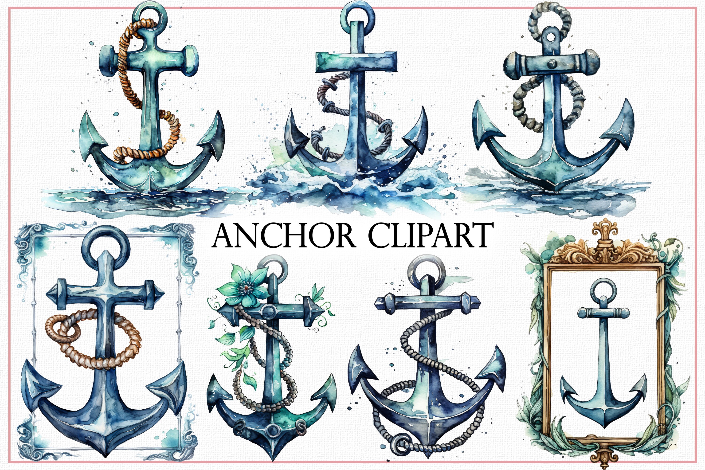Nautical Anchor Clipart Set, 46 Marine Theme Digital Graphics, Ocean ...
