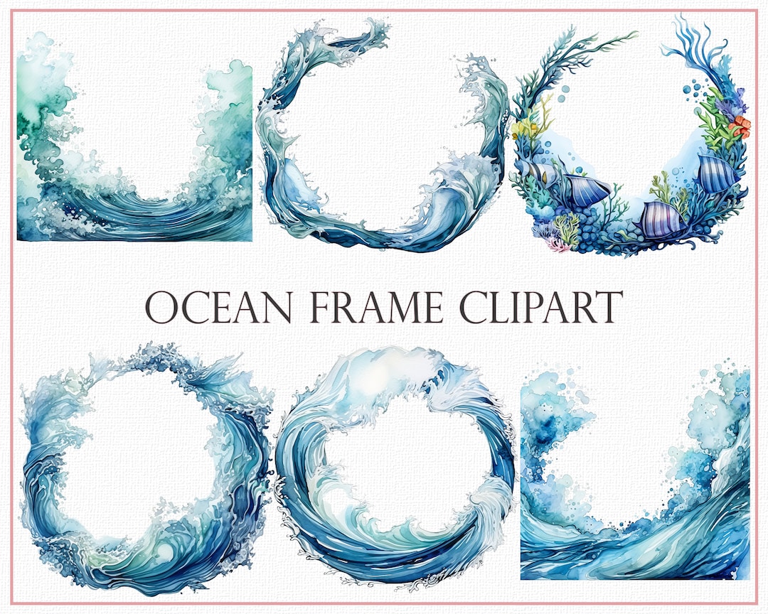 Ocean Frame Clipart, 22 Wave Border Art, Seaside Serenity Frame Clipart ...