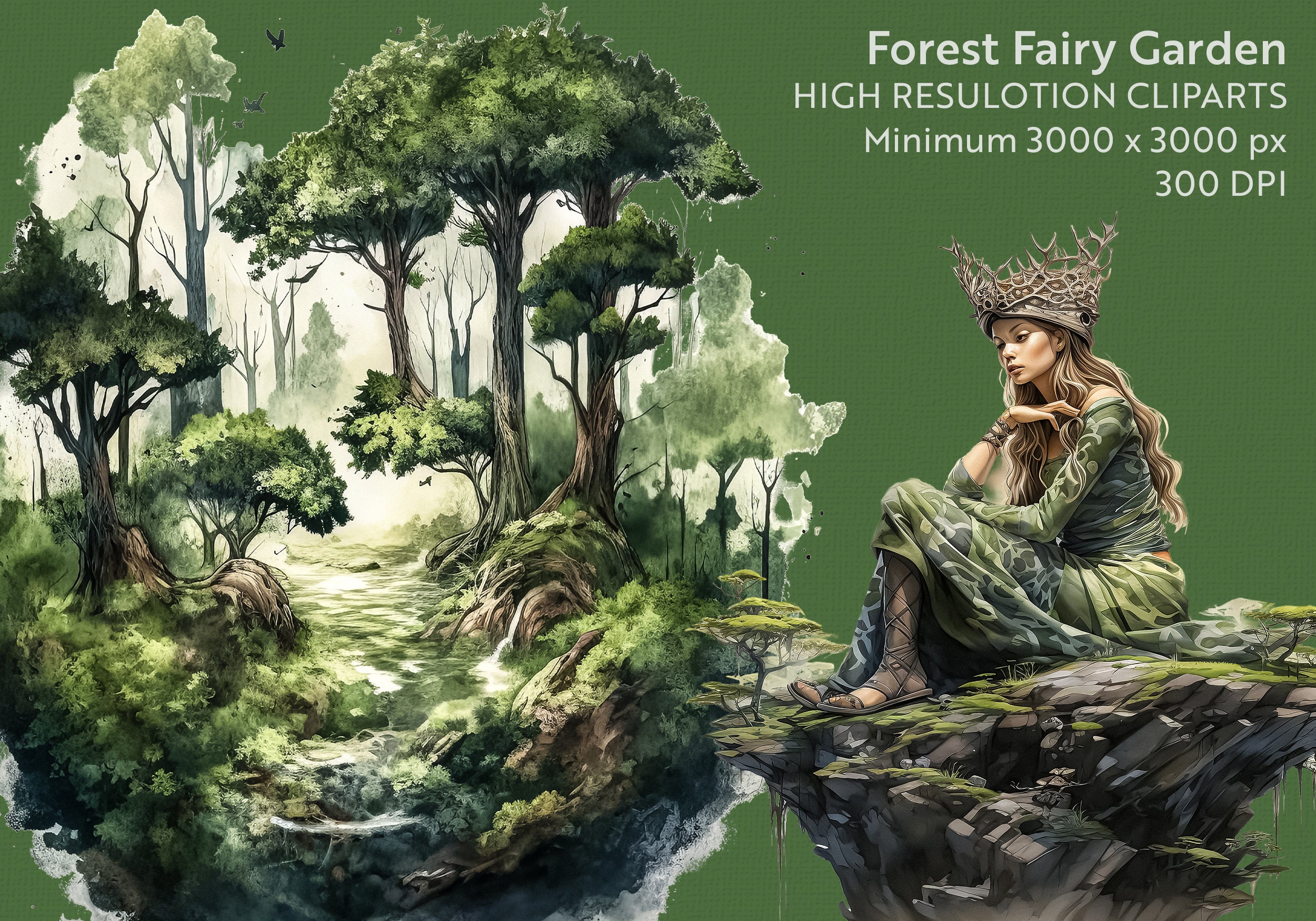 Watercolor Forest Fairy Clipart Bundle | 64 PNG Garden Elements ...