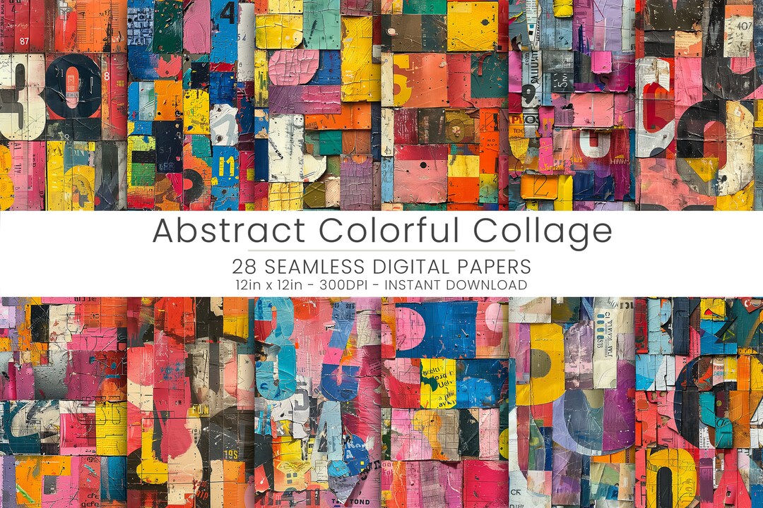 28 Seamless Abstract Colorful Collage Digital Paper, Vibrant Mixed ...