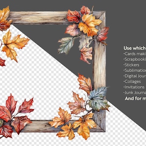Autumn Leaves and Wood Frame 28 PNG Bundle, Fall Watercolor Border ...