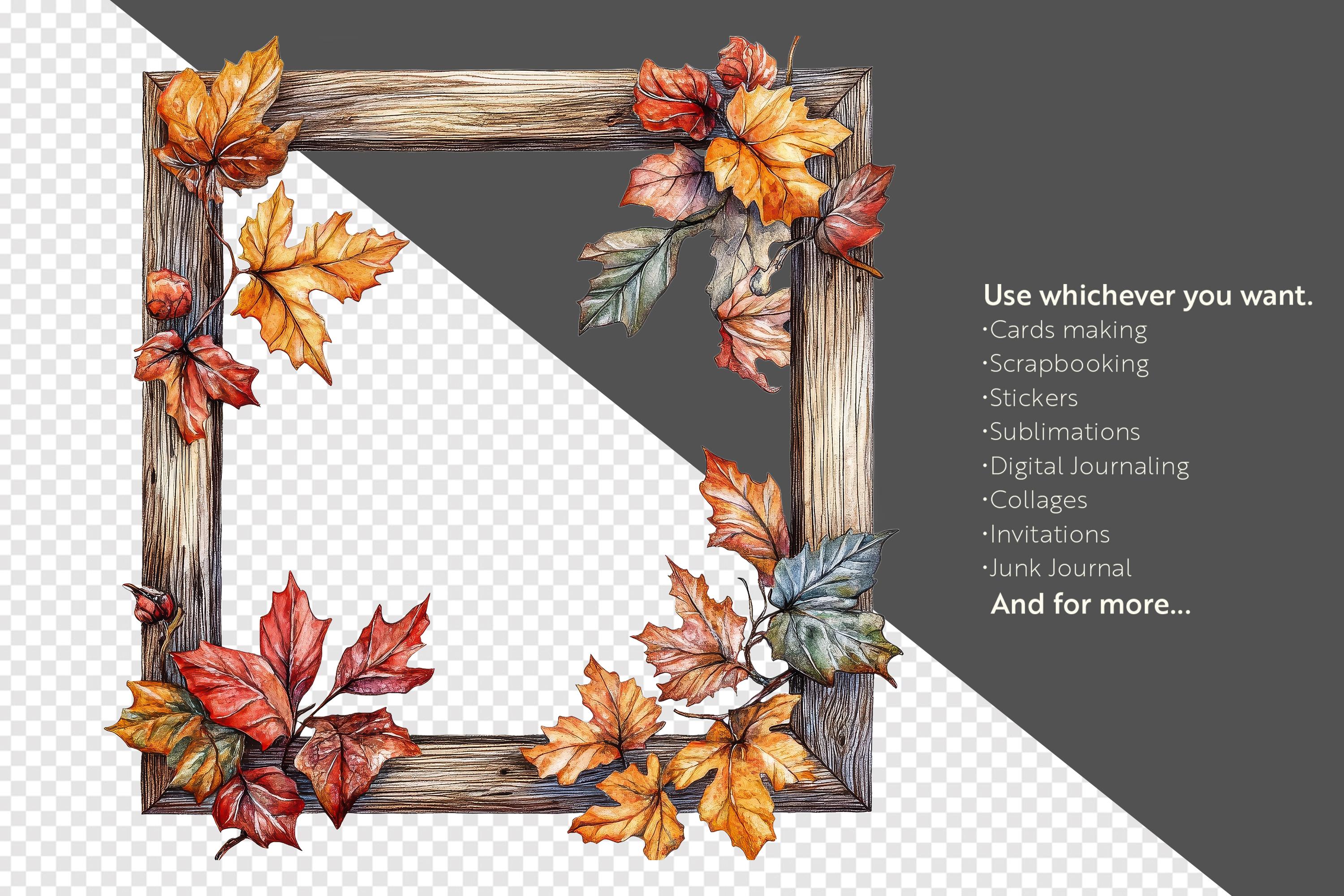 Autumn Leaves and Wood Frame 28 PNG Bundle, Fall Watercolor Border ...