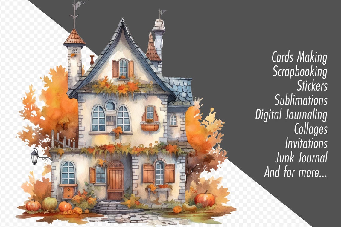 Autumn Villages House Watercolor Clipart, 74 Cozy Fall Cottage ...