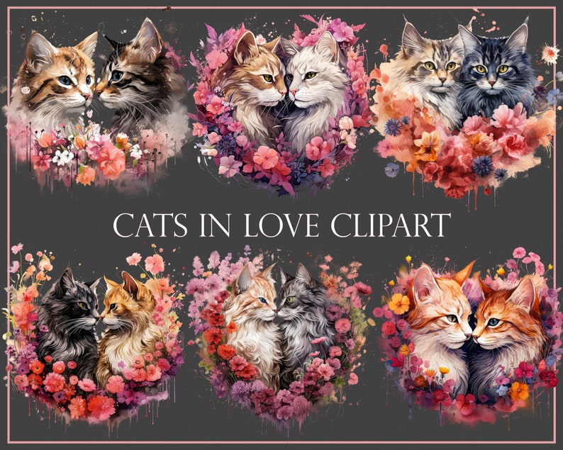 Cats in Love Clipart Romantic Feline Illustrations, Valentine's Day ...