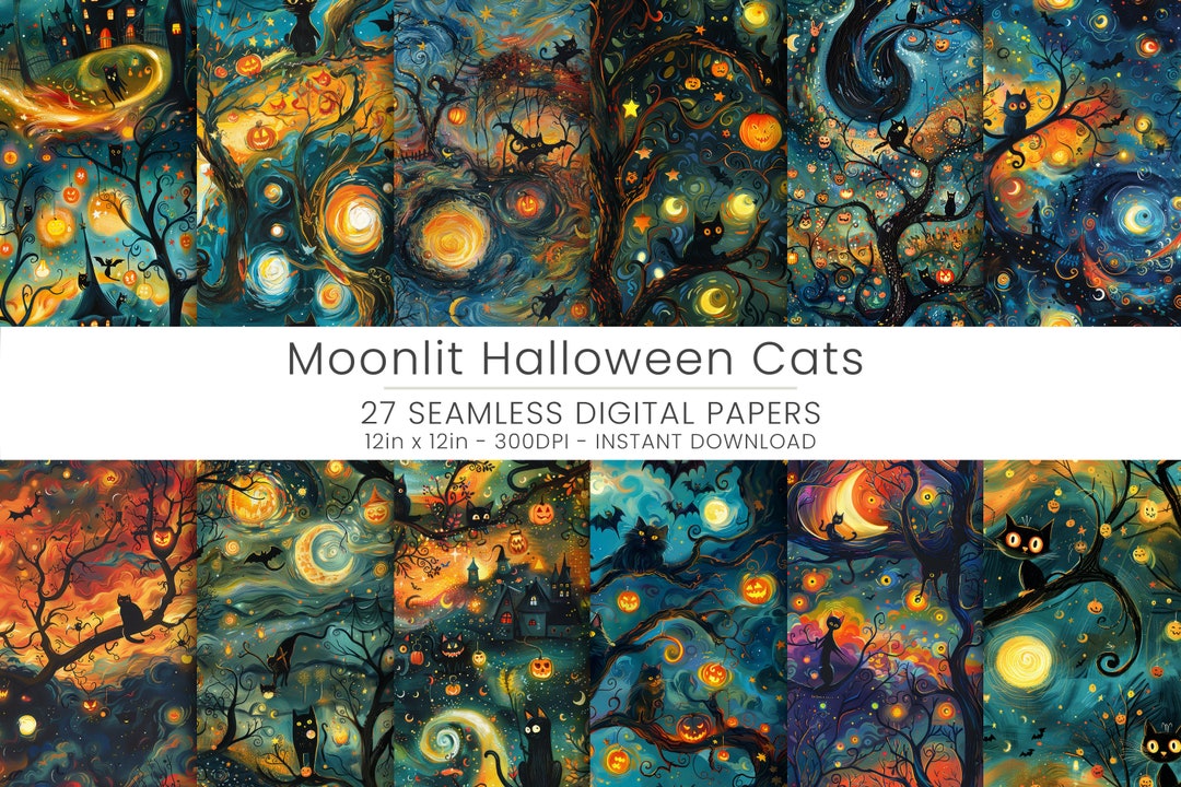 Moonlit Halloween Cats Digital Paper - Spooky Seamless Patterns for ...