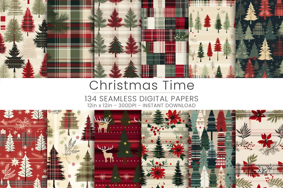 134 Christmas Time Digital Papers - Festive Holiday Patterns for ...