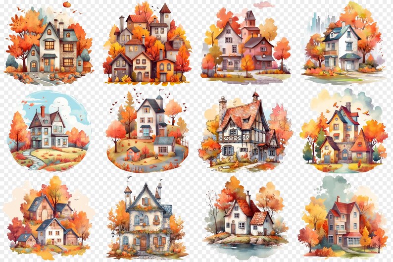 Autumn Villages House Watercolor Clipart, 74 Cozy Fall Cottage ...