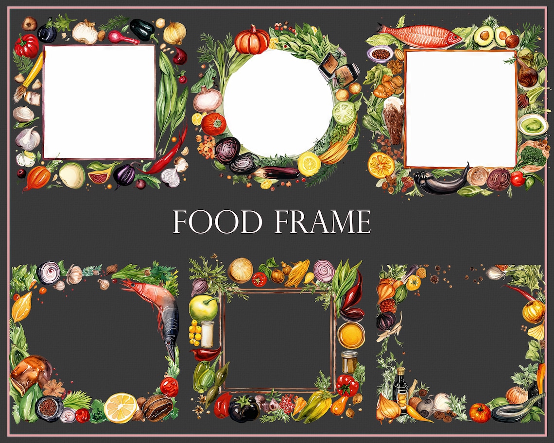 Food Frame Clipart Set for 25 Creative Culinary Designs, Kitchen Art ...
