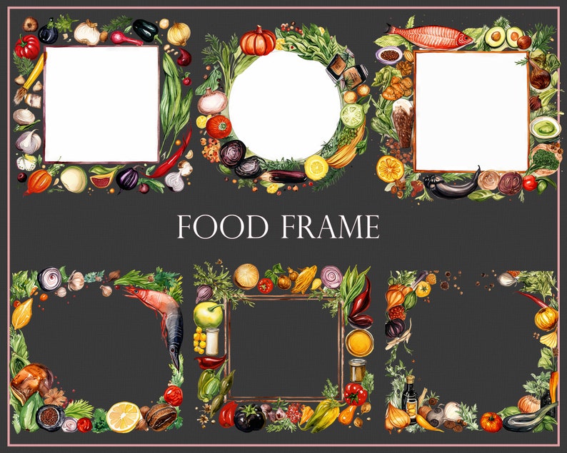 Food Frame Clipart Set for 25 Creative Culinary Designs, Kitchen Art ...
