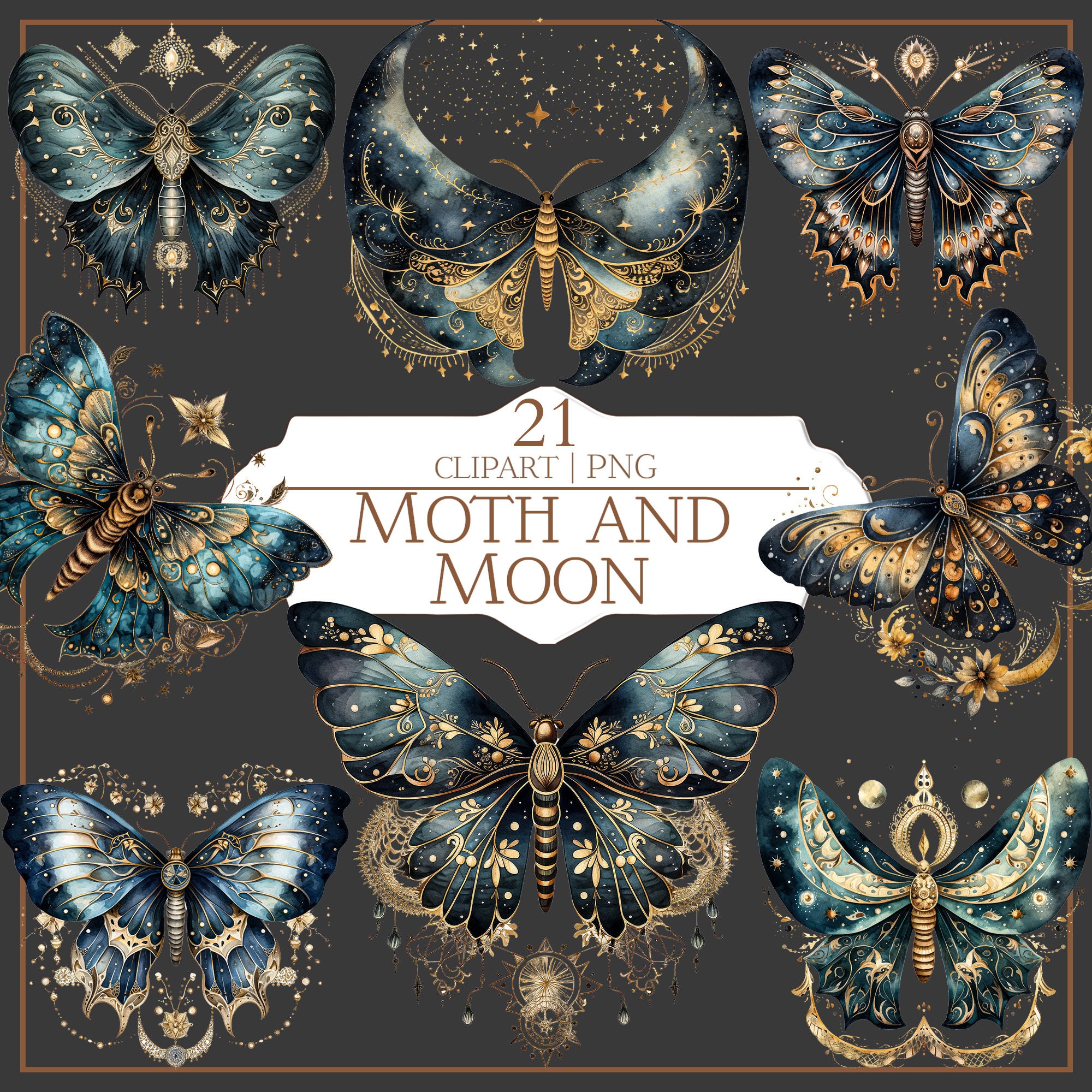 Moth and Moon Clipart Set 21 Celestial Moth Illustrations, Moon Moth ...