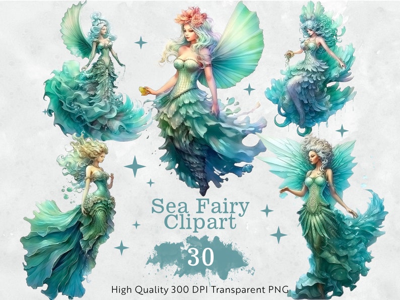 Sea Fairy Clipart Bundle | 30 PNG Ocean Fantasy Designs | Perfect for ...