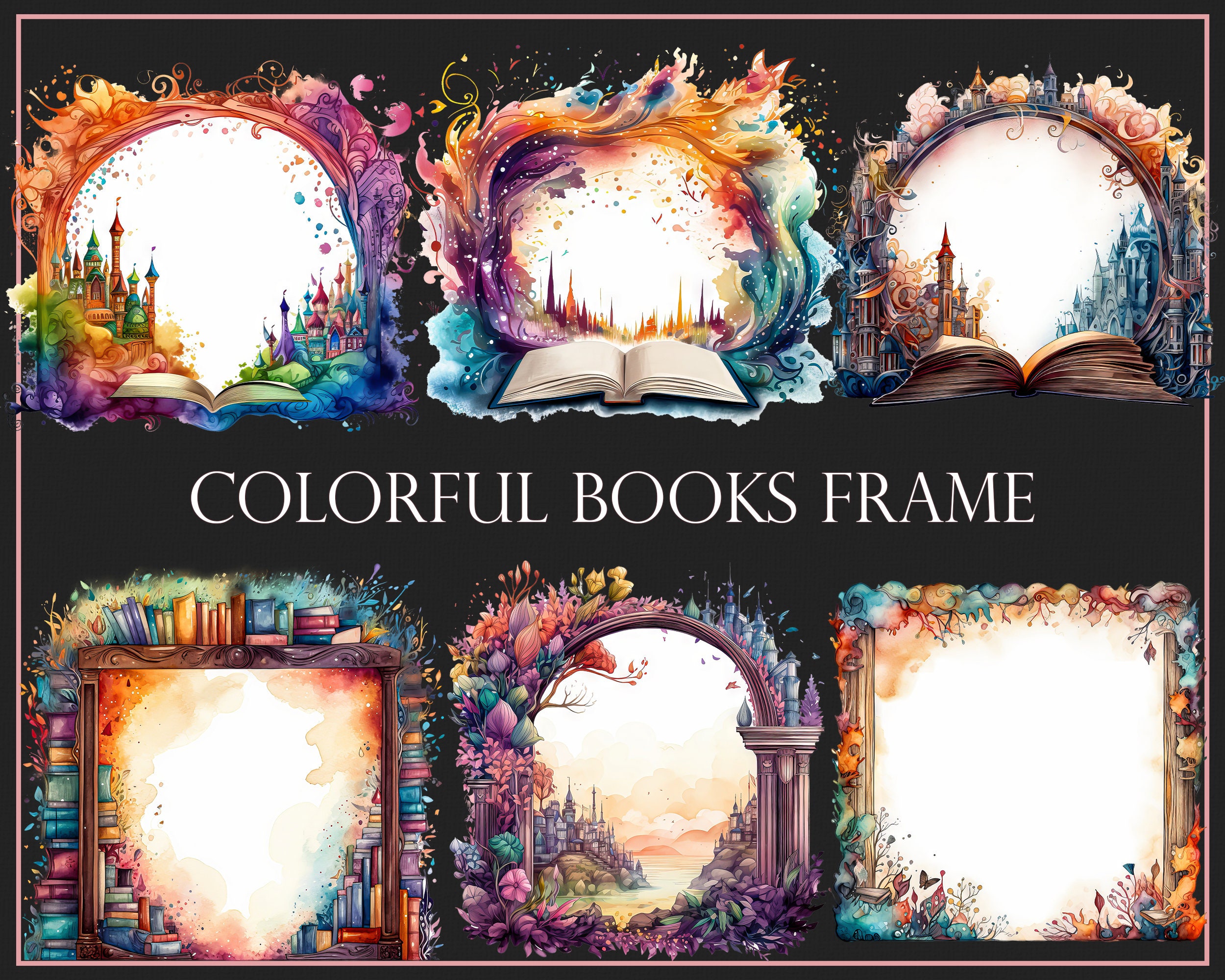 Colorful Book Frame Clipart Collection, Whimsical Bookish Frames ...