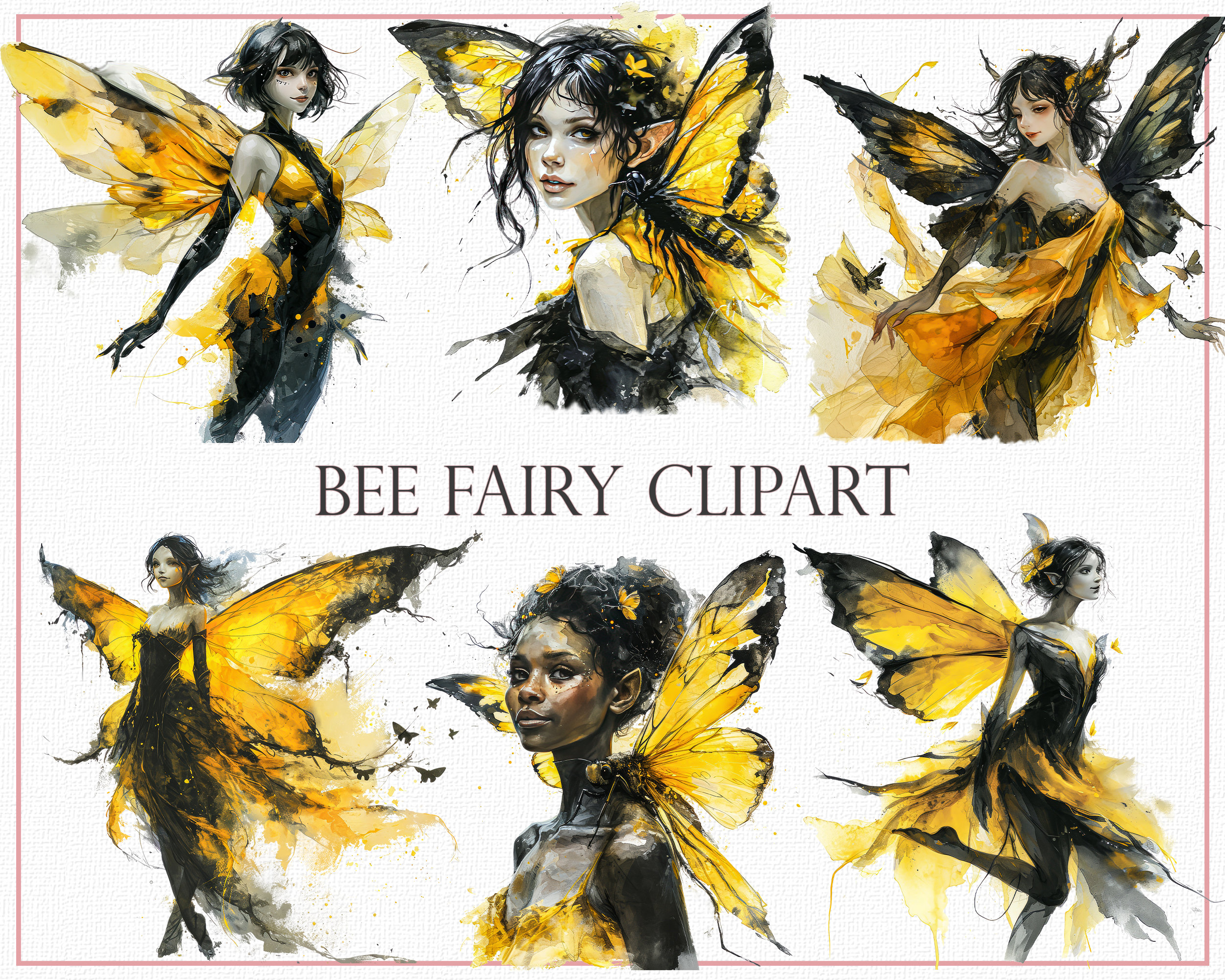 Bee Fairy Clipart Set 28 Black and Yellow PNG Designs Perfect for ...