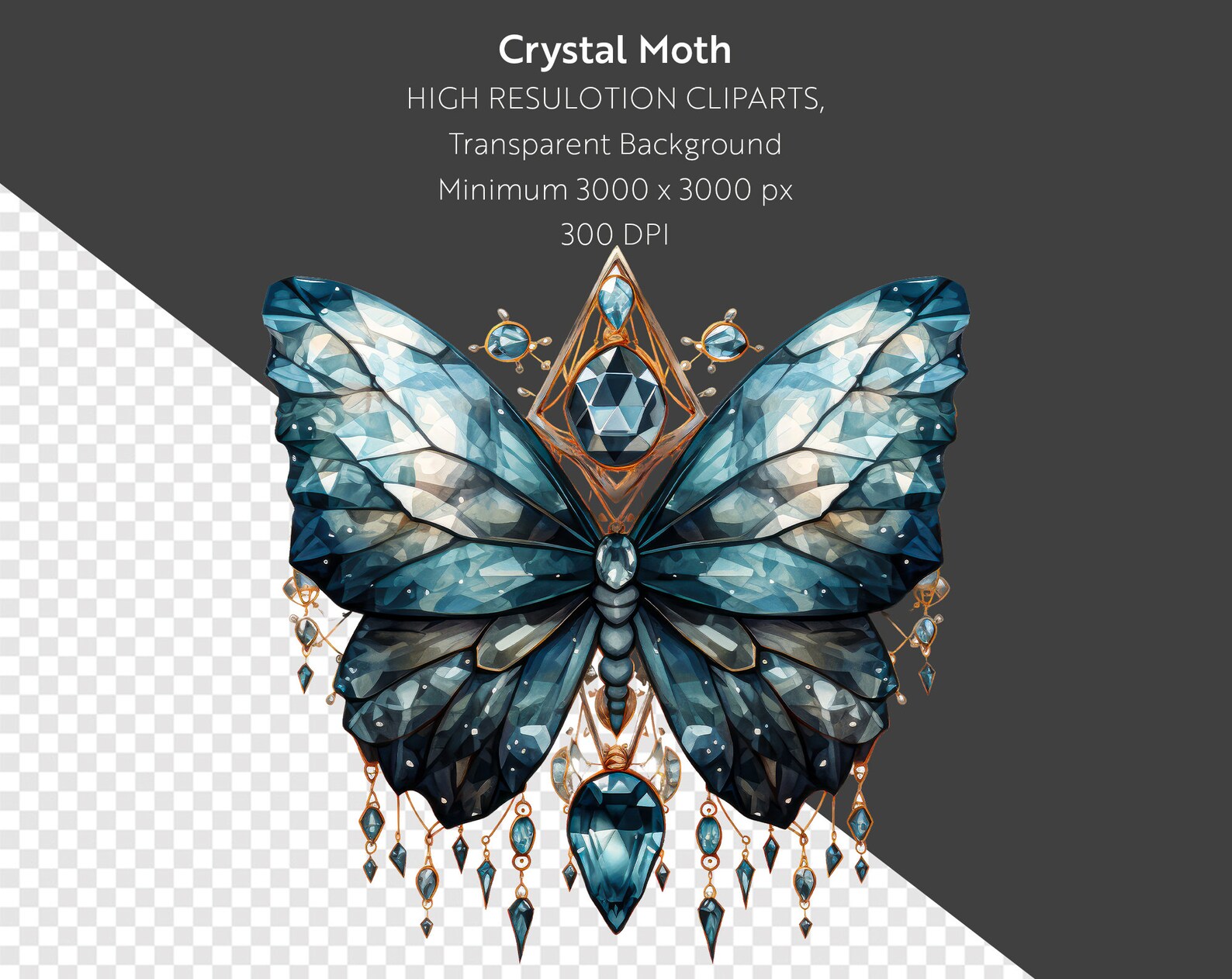 Crystal Moth Clipart Set, Mystical Moth Graphics, Glittery Insect ...