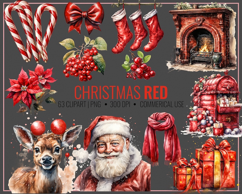 Christmas Red Clipart, Festive Christmas Graphics,63 High-quality Red ...