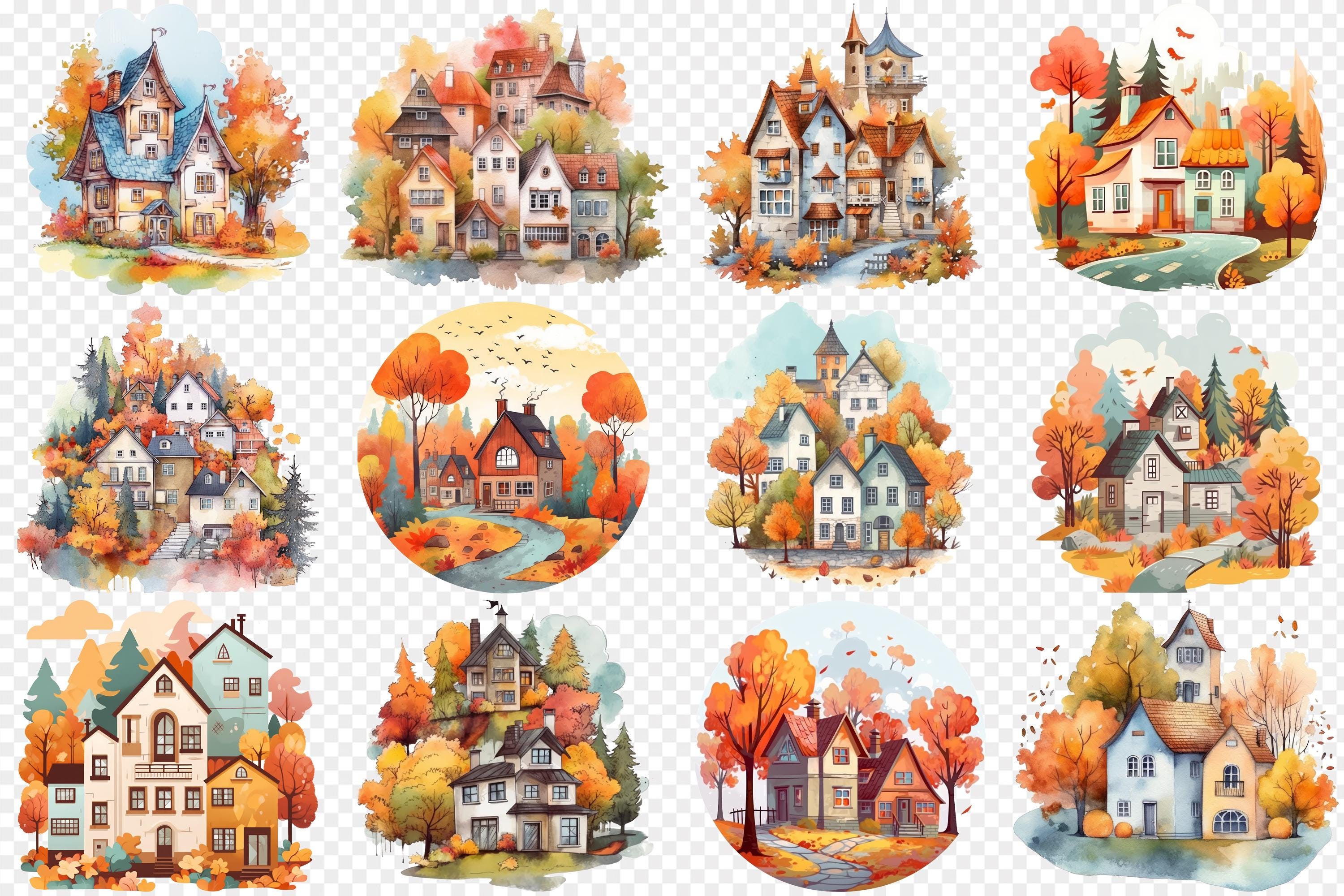 Autumn Villages House Watercolor Clipart, 74 Cozy Fall Cottage ...