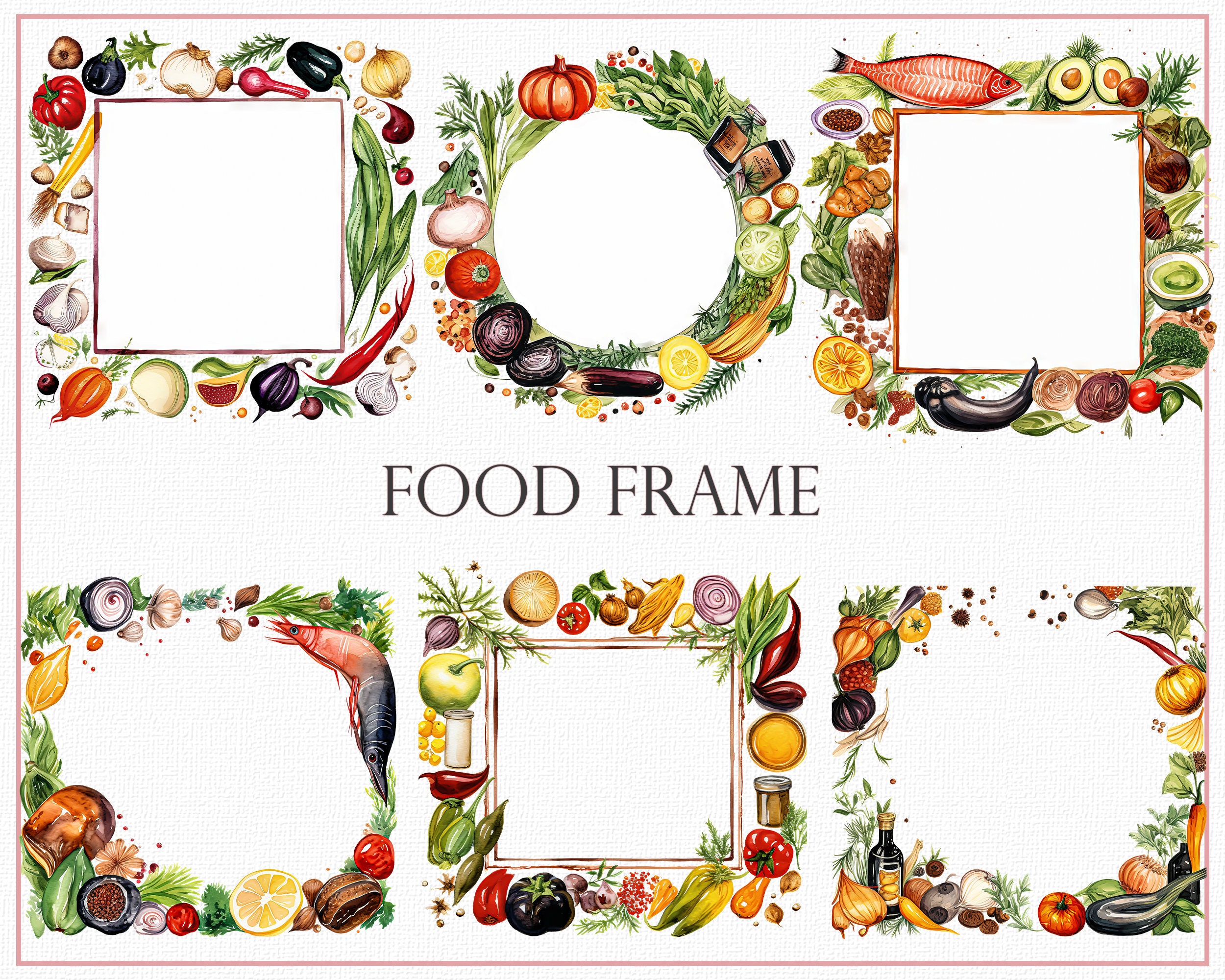 Food Frame Clipart Set for 25 Creative Culinary Designs, Kitchen Art ...