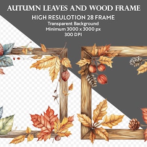 Autumn Leaves and Wood Frame 28 PNG Bundle, Fall Watercolor Border ...