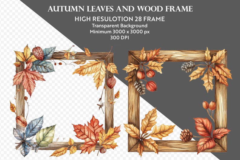 Autumn Leaves and Wood Frame 28 PNG Bundle, Fall Watercolor Border ...