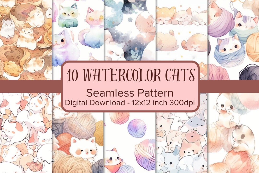 Watercolor Cats Digital Paper, Cute Seamless Pattern, Watercolor Cats ...