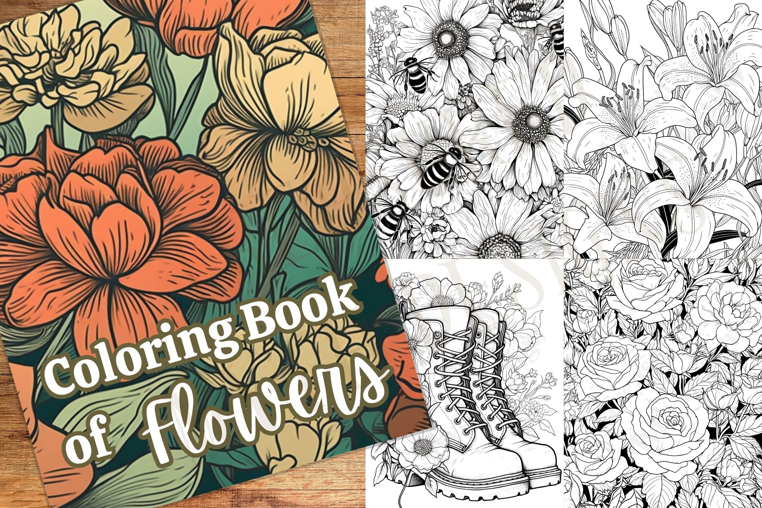 50 Flower Coloring Book Pages, Downloadable Coloring Book Pages of ...