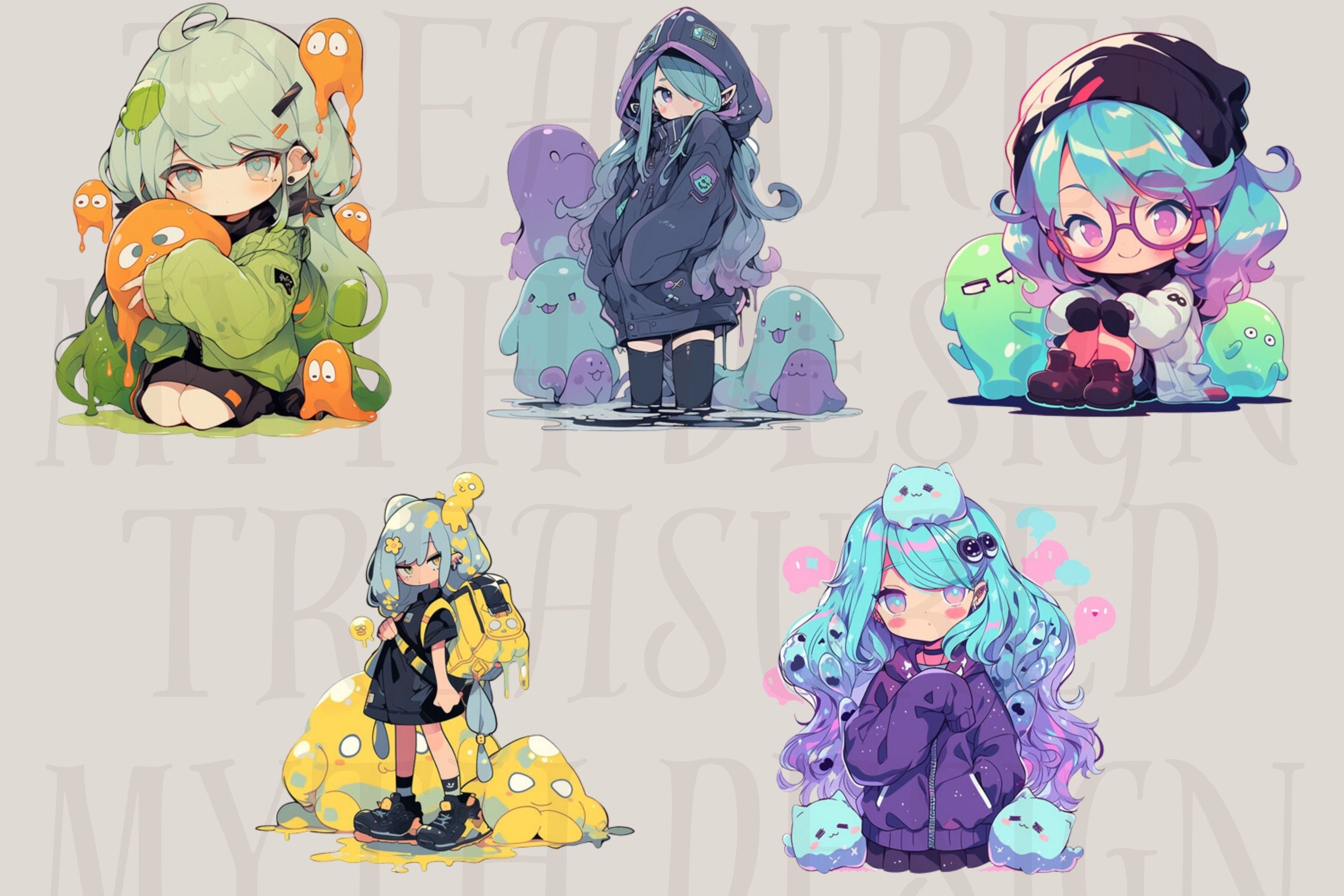 20 Anime Slime Girls Clip Art Set for Cards, Stickers, Tumbler Wraps ...