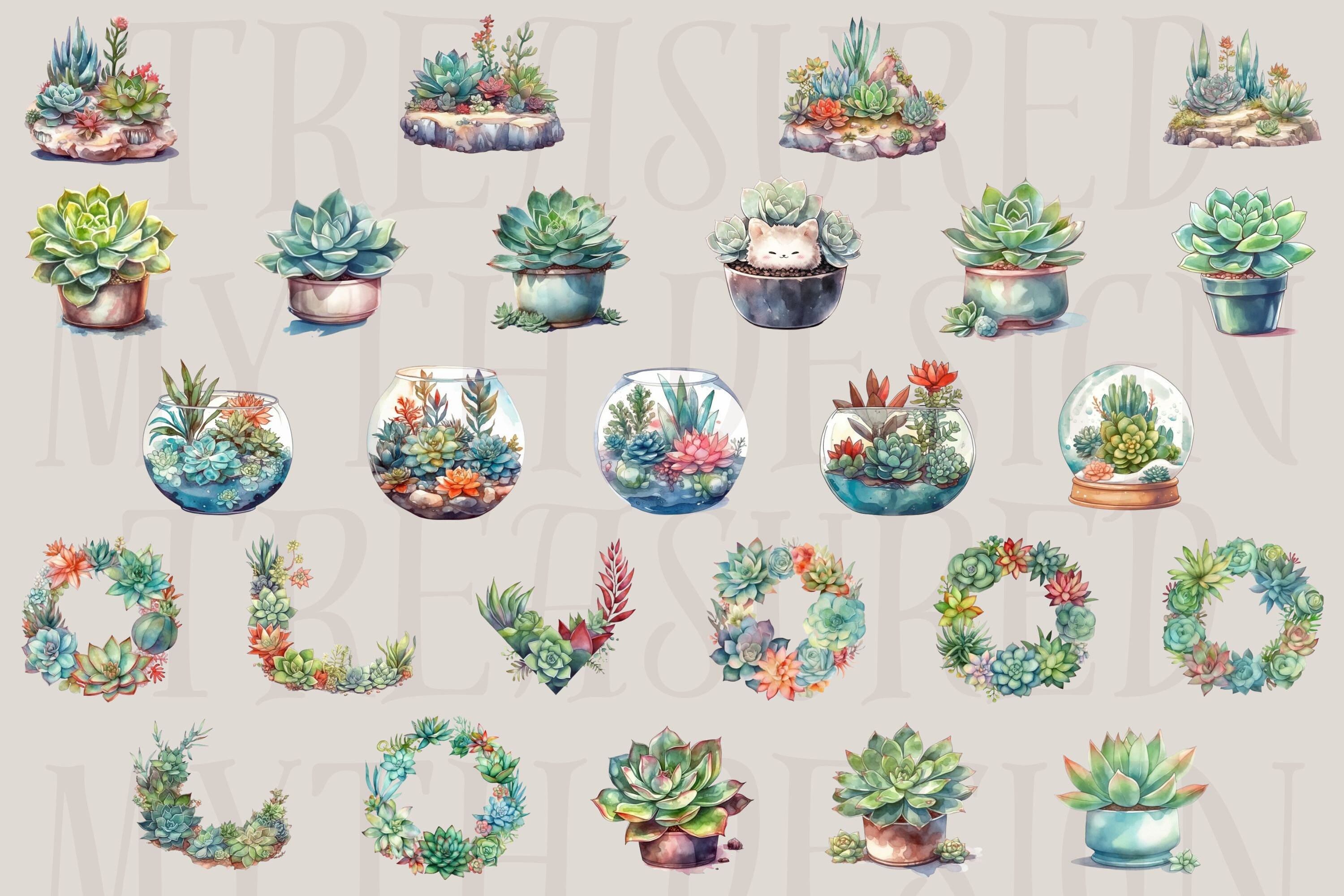 26 Watercolor Succulents Clip Art Set for Invitations, Cards, and Other ...