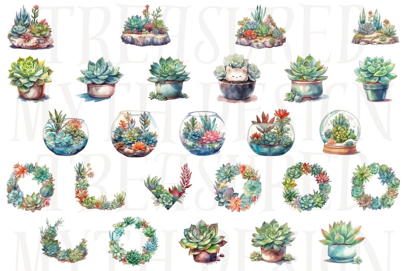 26 Watercolor Succulents Clip Art Set for Invitations, Cards, and Other ...