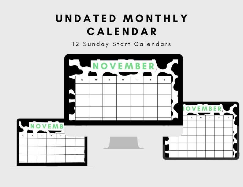Blank Monthly Calendar Undated Calendar Cow Print Calendar Sunday Start ...