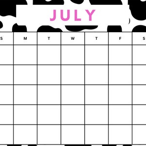 Blank Monthly Calendar, Printable Calendar, Cow Print Calendar, Sunday ...
