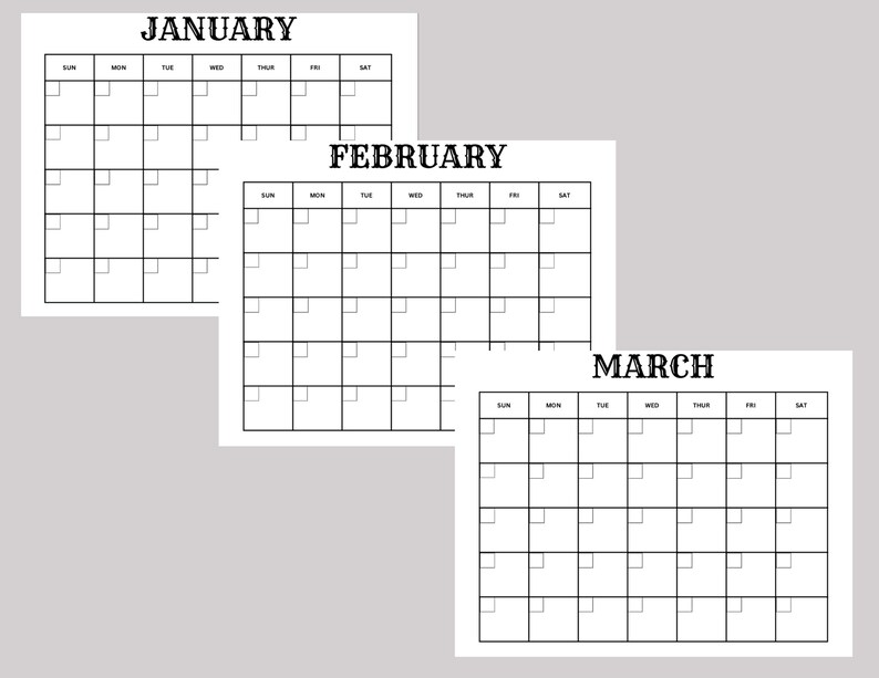 Blank Monthly Calendar, Printable Calendar, Sunday Start, Monday Start ...
