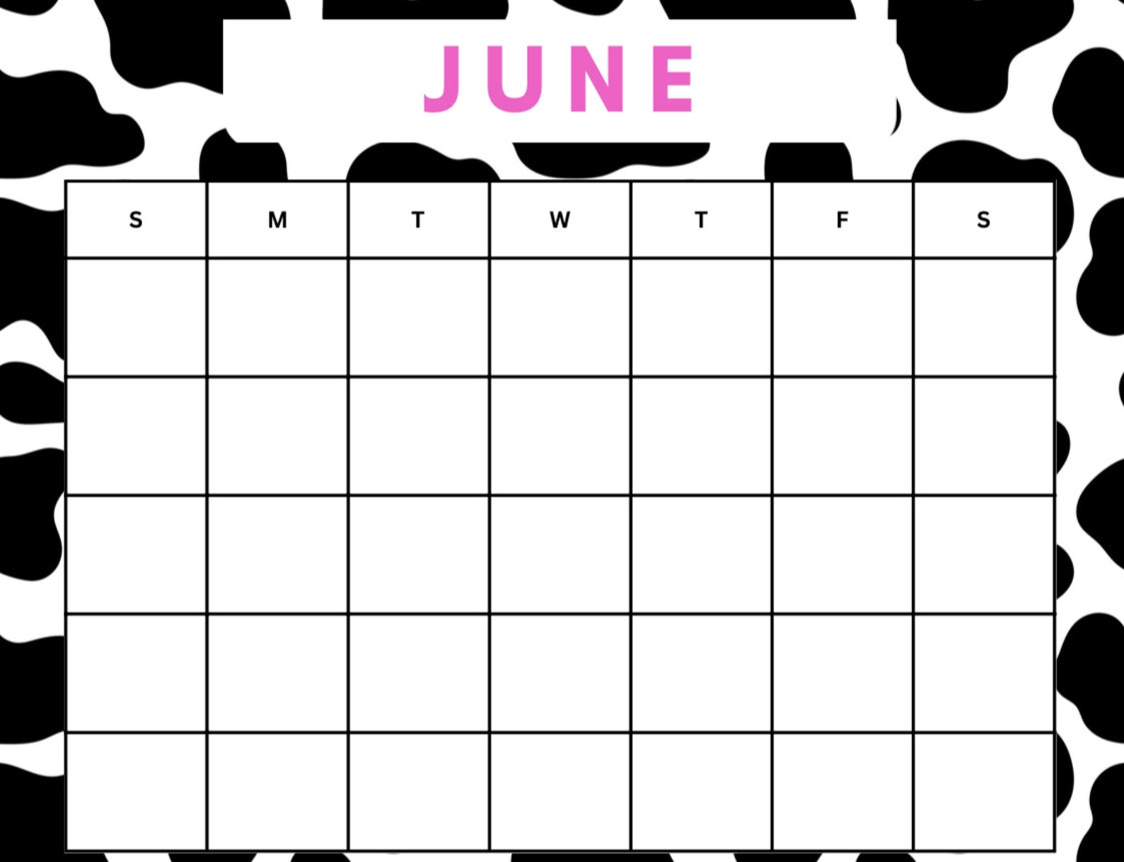 Blank Monthly Calendar, Printable Calendar, Cow Print Calendar, Sunday ...